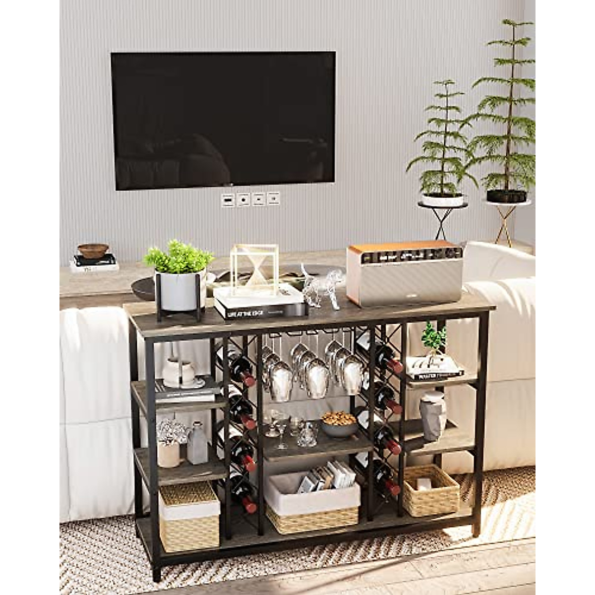 Teraves Modern Wine Rack Table, 47 Inch Wine Baker's Rack with Storage Shelves, 4 Tier Freestanding Wine Rack for Bar, Buffet, Home Kitchen Dining Room Living Room (Black Oak+Black Frame)