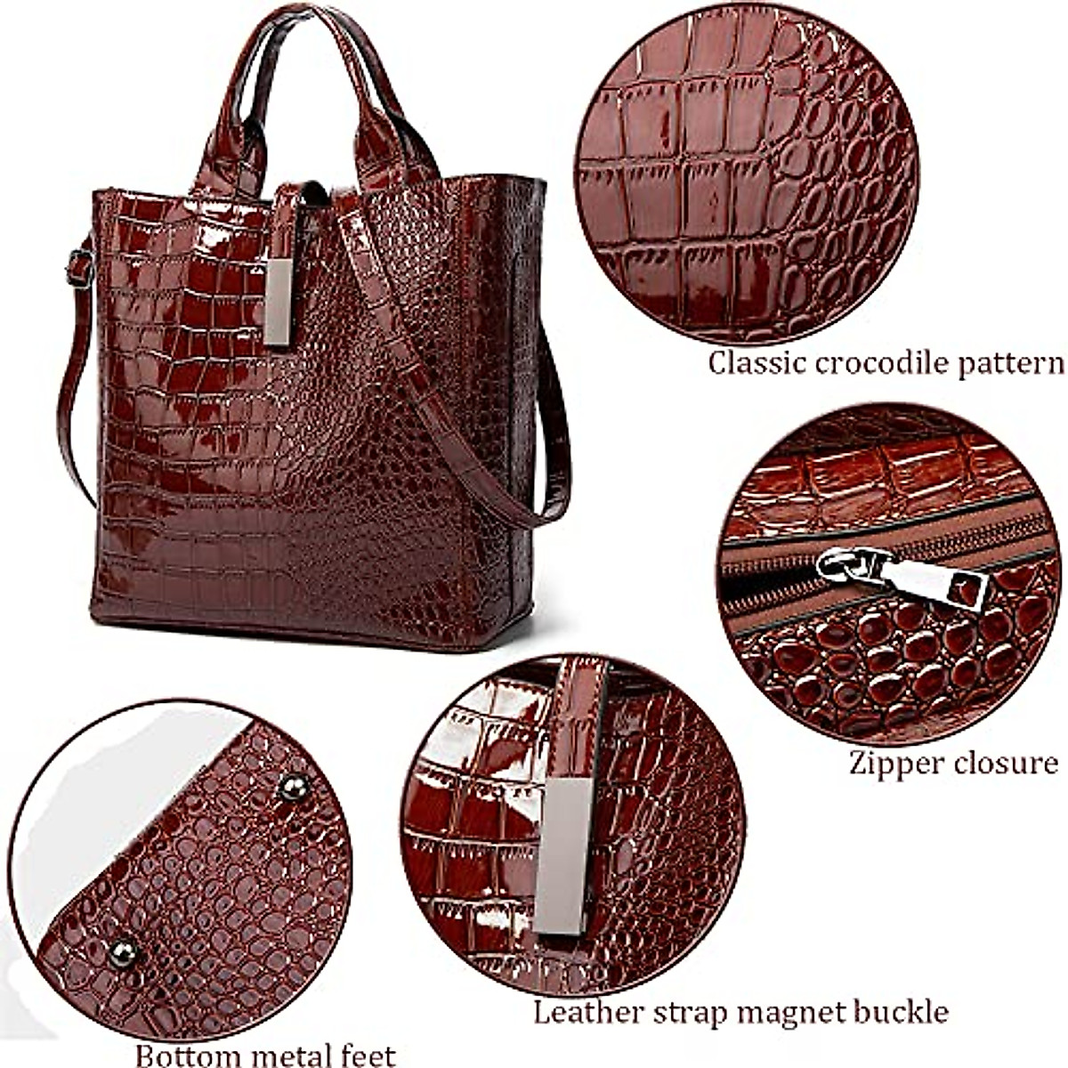 ZiMing Women Handbags and Purses Set Glossy Crocodile Pattern Leather Tote Bags Cross-body Bag Satchel Handbag Wallet Wristlets Bag 3 Pcs -Brown