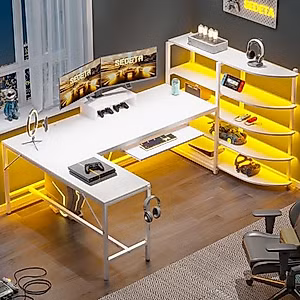 SEDETA L Shaped Computer Desk, 65'' Corner Gaming Desk with Keyboard Tray & LED Lights, L Shaped Desk with Storage Shelves, Monitor Stand and Headphone Hook for Home Office, White