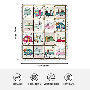 Happy Camper Decor Blanket Camping Bus Throw Blanket Soft Warm Camp Bedding for Adults Teens Couch Sofa 50" X 60" Yellow