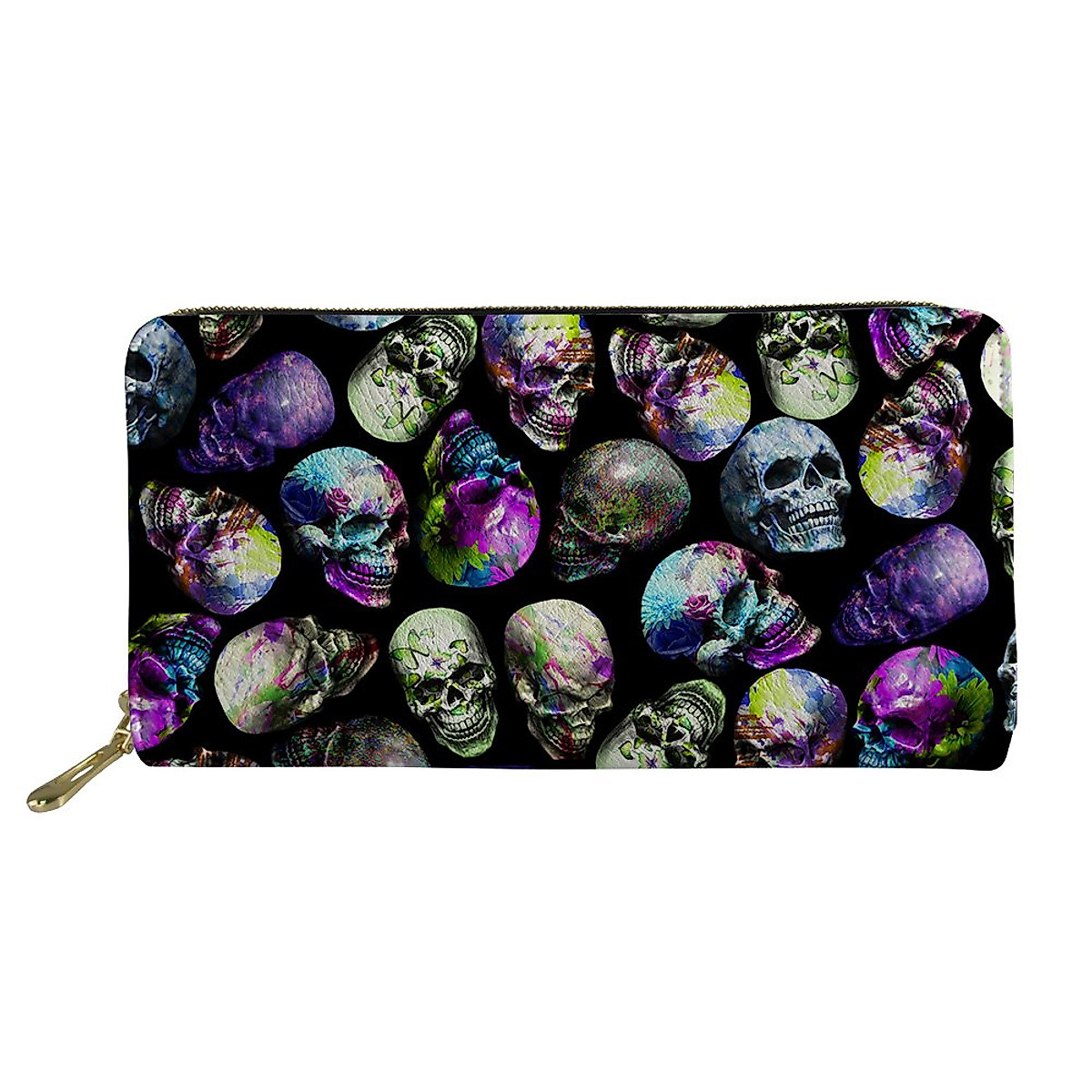 JEOCODY Sugar Skull Maxican Day of the Dead Candy Skull Dead Head Skull Skeleton Wallet for Women Girls Leather Long Wallet Travel Purse Credit Card Holder