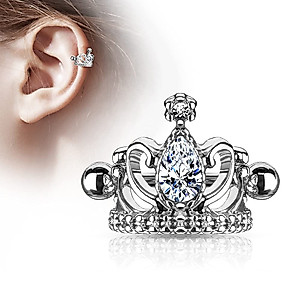 16GA Stainless Steel Tear Drop CZ Crystal Tiara Cartilage Helix Cuff Earring (Silver Tone)