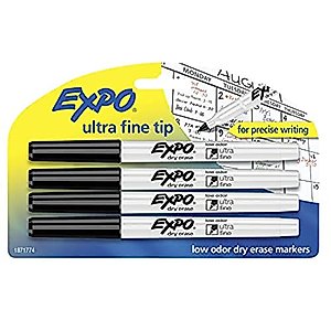 EXPO Low Odor Dry Erase Markers, Ultra-Fine Tip, Black, 4 Count
