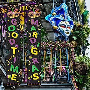Mardi Gras Porch Sign, Mardi Gras and Good Time Roll Welcome Sign Hanging Banner for Indoor Outdoor Masquerade Party Supplies