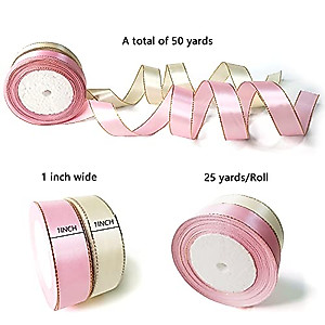 Pink & Ivory Satin Ribbon with Gold Edges, for Gift Wrapping Holiday Wedding Birthday Graduation Party Christmas Decoration,1“ Wide 25 Yard X 2 Rolls , Crafts Floral DIY Bags Bows White Ribbon