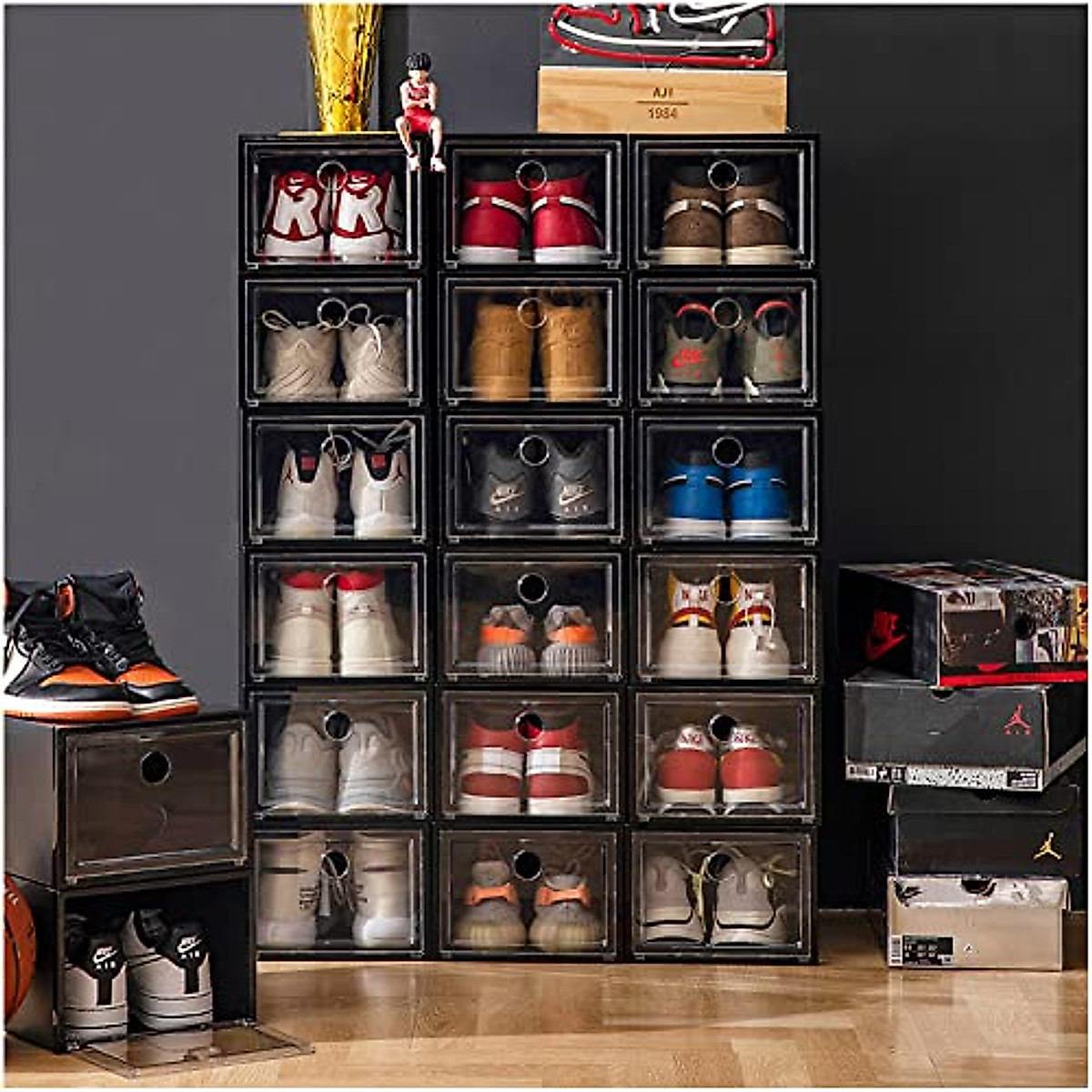 AOHMPT 18 Pack Clear Shoe Organizer Stackable Shoe Box Foldable Storage Bins Shoe Container Box Large Size Shoe Bins (Black+)