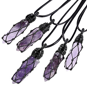 TUMBEELLUWA Hexagonal Amethyst Crystal Points Pendant Necklace for Unisex Wrapped Stone Wand Pendant with Adjustable Cord