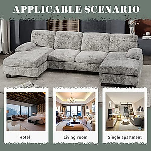 Furniwell Convertible Sectional Sofa Couch, 4 Seat Sofa Set for Living Room U-Shaped Modern Fabric Modular Sofa Sleeper with Double Chaise & Memory Foam (Grey)