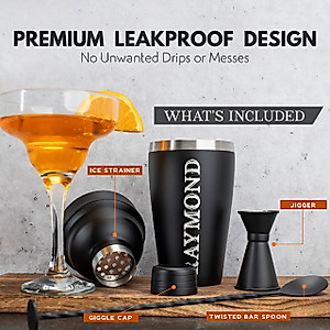 Custom Bartender Kit, Engraved Cocktail Shaker Set, Personalized w/Name, 18 Oz Black Stainless Steel Martini Shaker w/Strainer, Jigger & Spiral Cocktail Spoon, Gifts for Men