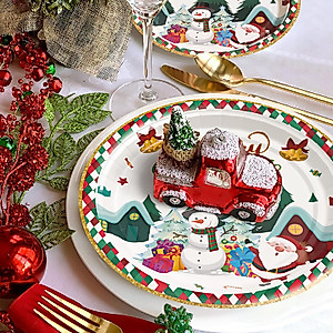 AFZMON 50 Pack Christmas Party Plates Dessert Paper Dinnerware Plates, 7 Inch Snowman Santa Gift Box Wooden Cottages Theme Disposable Round Plate for Xmas Holiday Party Supplies