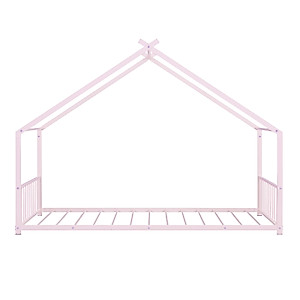 KTATK Metal Twin Size House Bed with Roof and Slats Support,Playhouse Design Montessori Floor Bed Frame W/Headboard & Footboard,No Box Spring Needed,for Kids Girls Boys,Pink