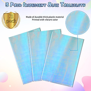 3Pcs Iridescent Plastic Tablecloths Shiny Disposable Laser Rainbow Rectangle Table Covers Holographic Foil Metallic Table Cloth for Iridescent Party Decorations Birthday Bridal Wedding 40"x108"(Blue)