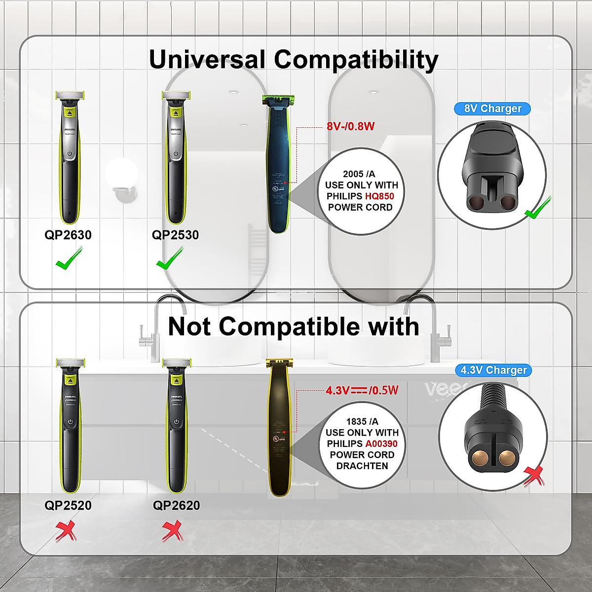 for Philips HQ850 Power Cord for Oneblade QP2630 QP2530 Shaver, Replacement Charger 8V / 0.8W, Compatible with Philips Razor Norelco All-in-One Grooming Trimmer Charging Cable Adapter