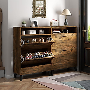 Gyfimoie Shoe Storage Cabinets, 16 Pairs Free Standing Shoe Organizer with 2 Flip Drawers for Entryway, Narrow 3 Tier Entryway Hidden Shoe Rack with Doors (Rustic)