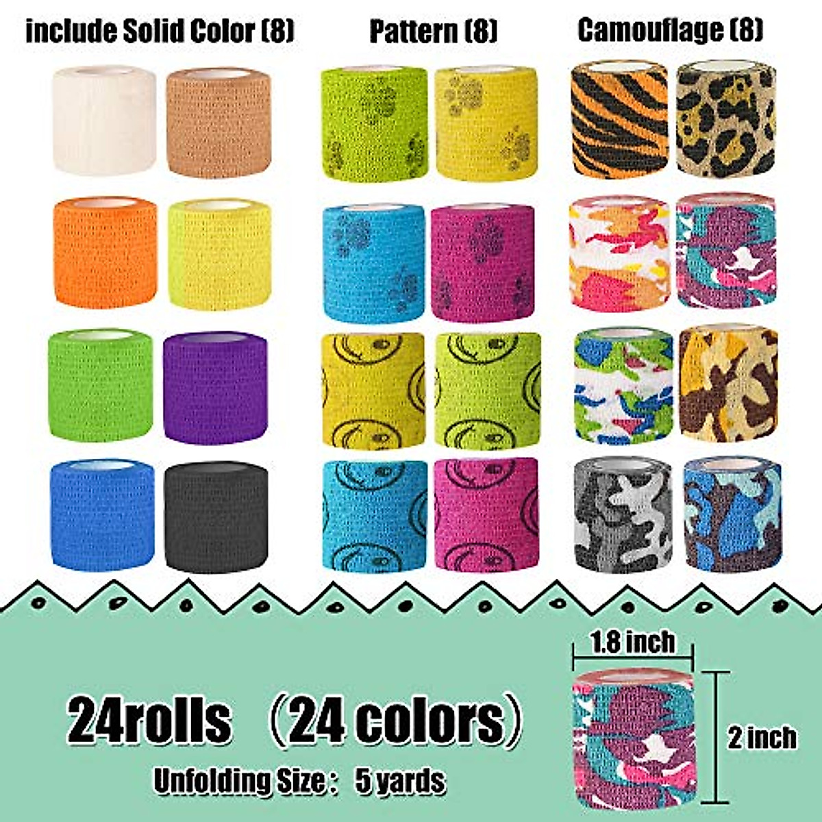 24Pack Self Adhesive Tape Vet Wrap Flex Bandages Leg Wrap Adherent Non-Woven for Dog Cat Horse Pet Animals Ankle Sprains & Swelling 2 Inch 5 Yards (Assorted Patterns)