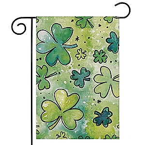 St Patricks Day Garden Flag for Outdoor,Watercolor Shamrock Clover Small Yard Flag,Spring Saint Patrick Decors for Outside Farmhouse Holiday 12x18 Double Sided