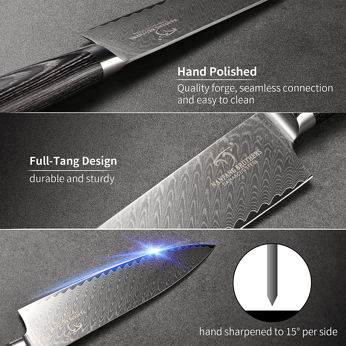 NANFANG BROTHERS Damascus Knife Set 4 PCS, Japanese Knife Set, Chefs Knife Sets Professional, Kitchen Knife Set, 8" Chef Knife, 5" Santoku Knife, 3.5" Paring Knife and Sharpener