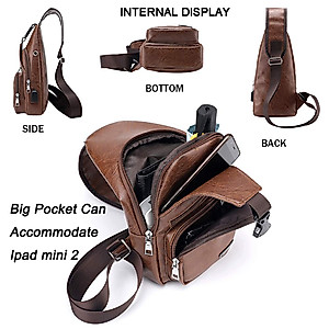 JUMO CYLY Mens Sling Bag, Leather Sling Bag with USB Charging Port Waterproof HikingTravel Body Chest Crossbody Bag Casual Daypack Backpack