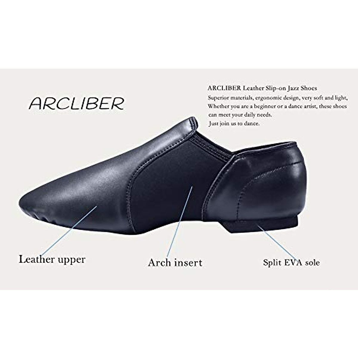 ARCLIBER Unisex Dance Shoes Leather Upper Slip-On Jazz Shoes for Women Men 5.5M Black