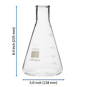 Labnique Borosilicate 3.3 Glass Conical Flask, Erlenmeyer Flask with Narrow Mouth, Graduated, Double Boxed, 1000ml (Pack of 2)