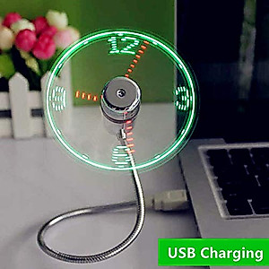 USB LED Clock Fan 90mm USB-Powered Portable Mobile USB Fan with Clock, LED Light Display Time, Mini Gooseneck Fan for Laptop Office Home Travel (2 PACK)