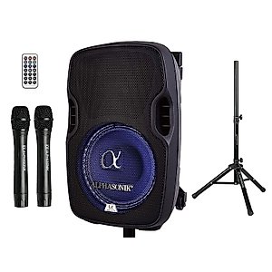 Alphasonik 8" Portable Rechargeable Battery Powered 800W Pro DJ Amplified Loud Speaker with 2 Wireless Microphones Echo Bluetooth USB SD Card Aux MP3 FM Radio PA System LED Ring Karaoke Tripod Stand