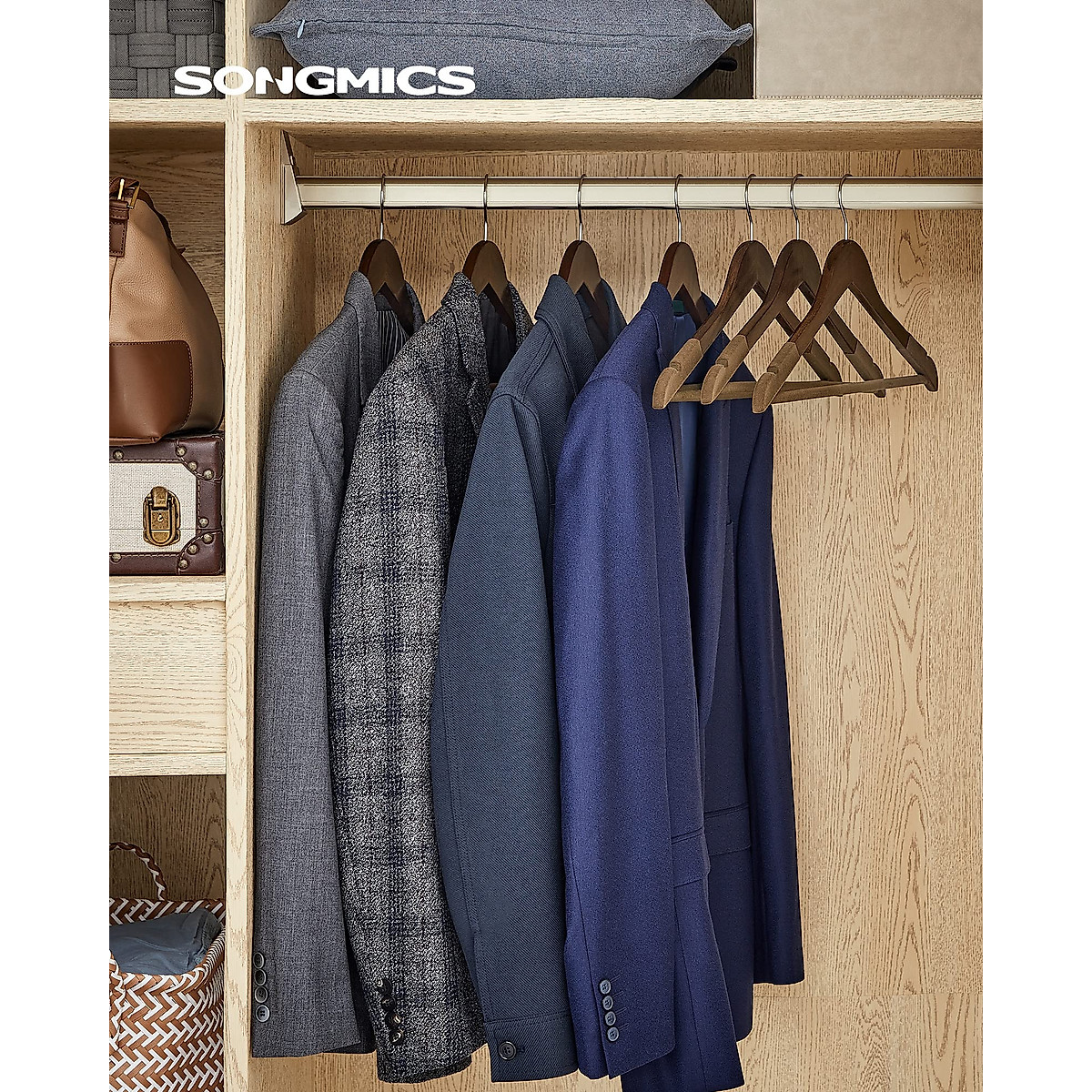 SONGMICS Velvet Wooden Hangers, Set of 20 Wooden Hangers with Velvet Surface, Non-Slip Coat Hangers with Shoulder Grooves, Pants Bar, 360° Swivel Hook, for Jackets Shirts, Dark Walnut UCRW012V02