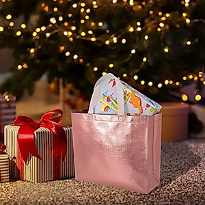 Whaline Set of 12 Reusable Rose Gold Gift Bags Glossy Glitter Tote Bag with Handles Large Size Stylish Party Holidays Favor Bags for Wedding Birthday Party Valentines Mother's Day Christmas