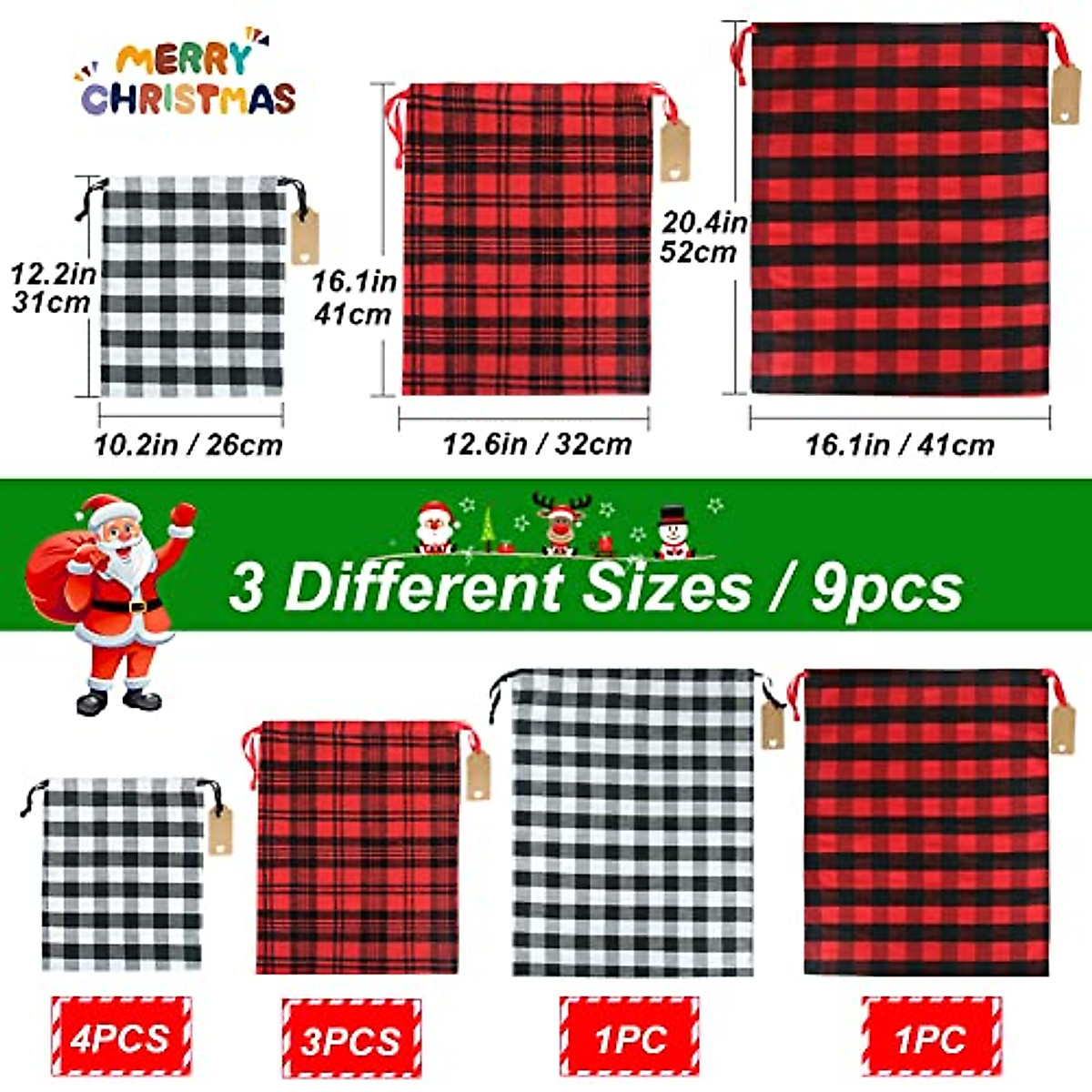 YQL Buffalo Plaid Drawstring Bags, 9Pcs Soft Flannel Christmas Gift Bags Assorted Sizes Christmas Fabric Bags Reusable Christmas Gift Bags for Christmas Package Birthday Holiday Party(Red&Black)