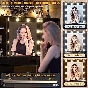 DINGIPP Large Vanity Desk with Mirror, 10 Lights and Power Outlet, Makeup Vanity with Shelves and 7 Drawers, Vanity Desk Dressing Table with 3 Color Light Adjustable, Vanity Table for Bedroom (Black)