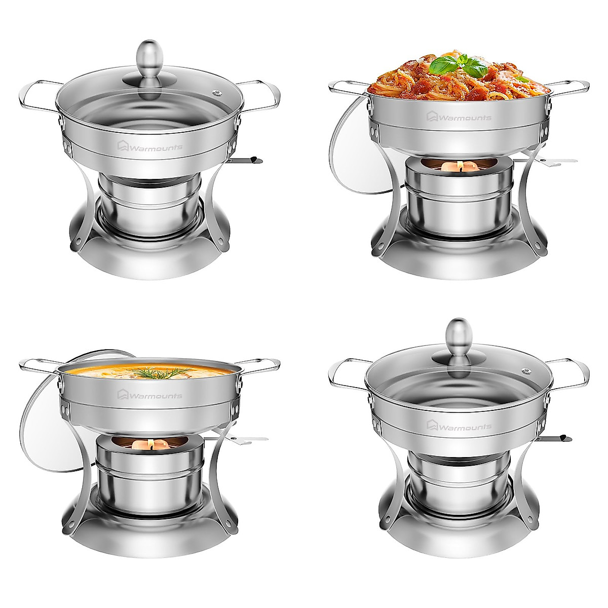 WARMOUNTS 1QT Chafing Dish Buffet Set 4 Pack, Individual Single Shabu Hot Pot, Stainless Steel, Glass Lid, Mini Round Chafing Dishes for Buffet for Dinner, Parties, Wedding, Camping, Events