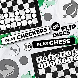 SWOOC Games - 3-in-1 Giant Checkers, Chess, & Chess Tac Toe Game with Mat (4ft x 4ft) - Machine-Washable Canvas & 5" Big Foam Discs - Giant Chess Set Outdoor & Checkers Board Game for Adults & Kids