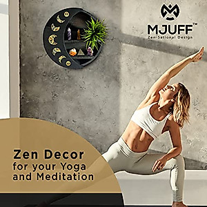 MJUFF 16" Wooden Moon Shelf for Crystals and Essential Oils - Crystal Shelf Display with Magnetic Door - Wiccan Decor Crystal Organizer - Round Wall Shelf for Unique Home Decor