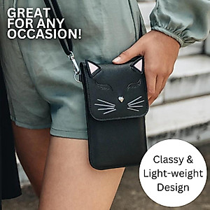 Save the Girls Cell Phone Purse Charming Cat Design (Black) - Touch Screen Women’s Crossbody Handbags (Just For Fun) - Phone Bag & Crossbody Phone Strap (Cat Purse)