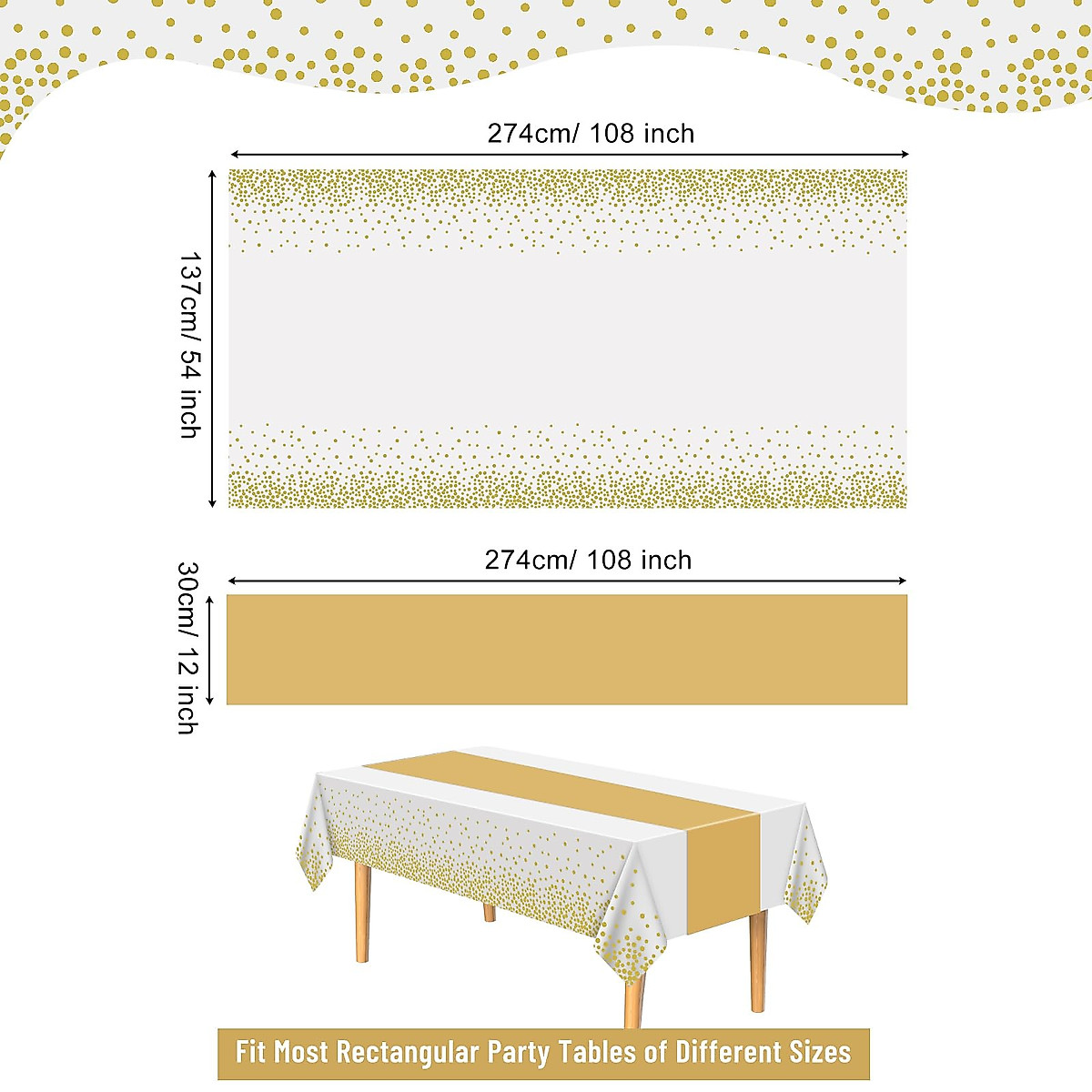 PLULON 12Pack Plastic Tablecloth and Satin Table Runner Set White and Gold Dot Rectangle Table Cover Gold Satin Table Runner for Wedding Birthday Baby Shower Picnic Kitchen Dinning Table Decorations
