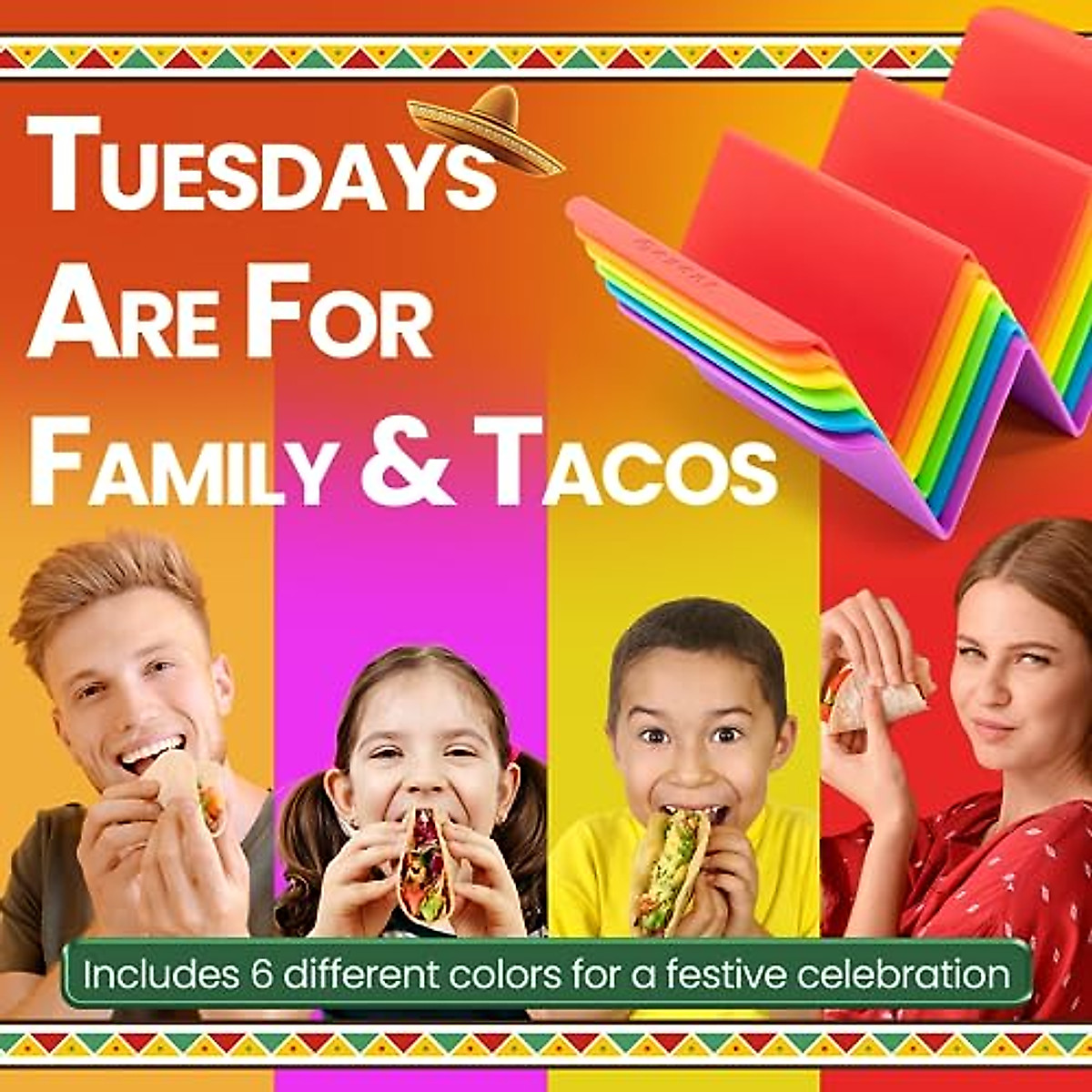 Taco Holders set of 6, Colorful Premium Taco Tray and Rack for Soft or Hard Taco Shells - Dishwasher and Microwave Safe, BPA Free and Sturdy, Multi-Colored