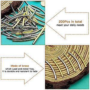 200Pcs Curved Noodle Tube Spacer Beads Tarnish Resistant Noodles Beads Brass Tube Beads Long Curved Tube DIY Jewelry Making(Gold,White K)