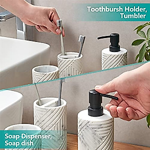 Bathroom Accessories Set 4 Pcs Marble Look Resin Vanity Counter Countertop Accessory Sets Soap Dispenser Dish Toothbrush Holder Restroom Apartment Decor Stuff Kits Women Men Gift White