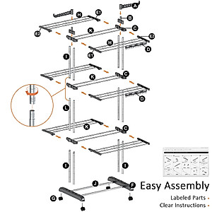 4 Tier Clothes Drying Rack Oversized, Foldable& Adjustable Height Rolling Clothes Rack Stainless Steel with 4 Castor, 24 Drying Poles,14 Hook& 2 Sock Clippers, Drying Rack Clothing for Indoor& Outdoor