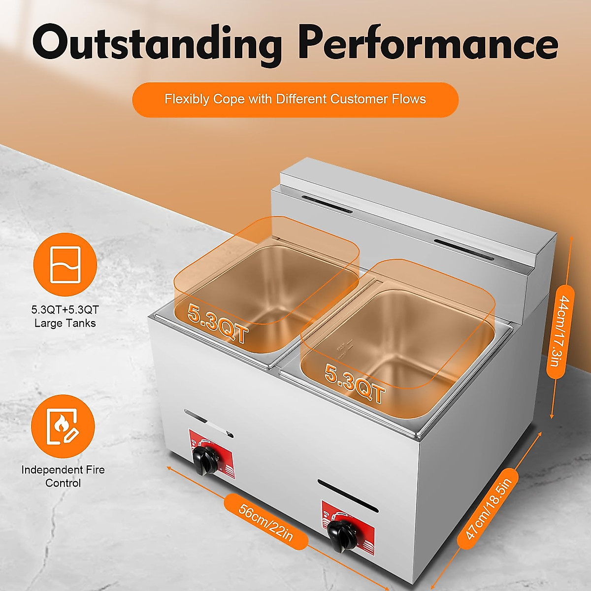 Commercial LPG Gas Deep Fryer,12L Countertop Stainless Steel Fryer Metal Tube Double Deep Fryer with 2 Frying Baskets and 2 Lids,for Cafeteria French Fries, Chicken, and More