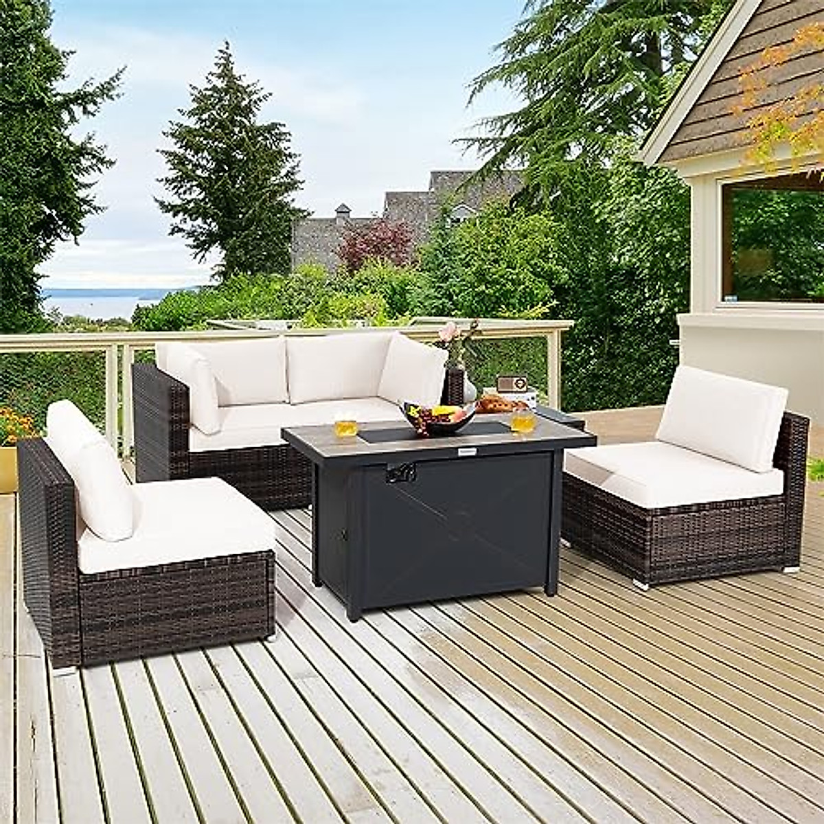 WXBDD 6PCS Patio Furniture Set Rattan Cushioned Gas Fire Pit Table Beige