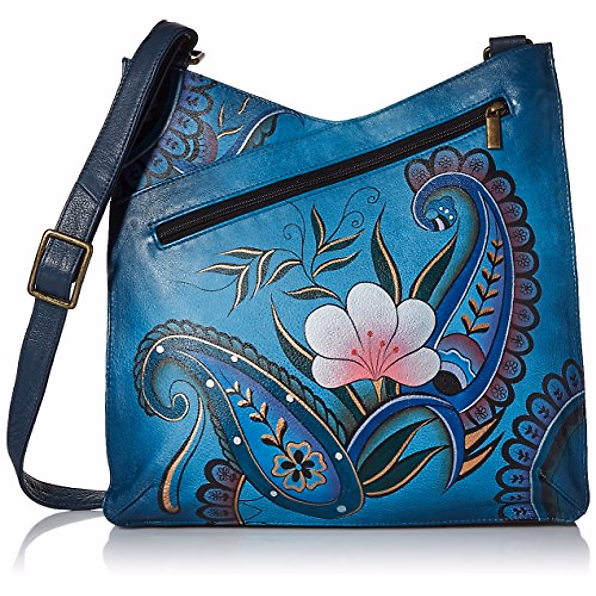 Anna by Anuschka Women's Genuine Leather Large V Top Multi-Compartment Cross Body | Hand Painted Original Artwork | Denim Paisley Floral