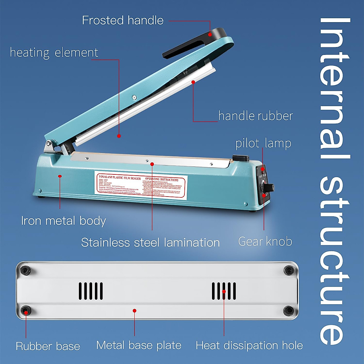 Metal body,Impulse Sealer 8 inch, Manual Heat Sealer Machine for Plastic Bags, Shrink Wrap Bag Sealers Heavy Duty Sealing Machine With Repair Kit (Blue)