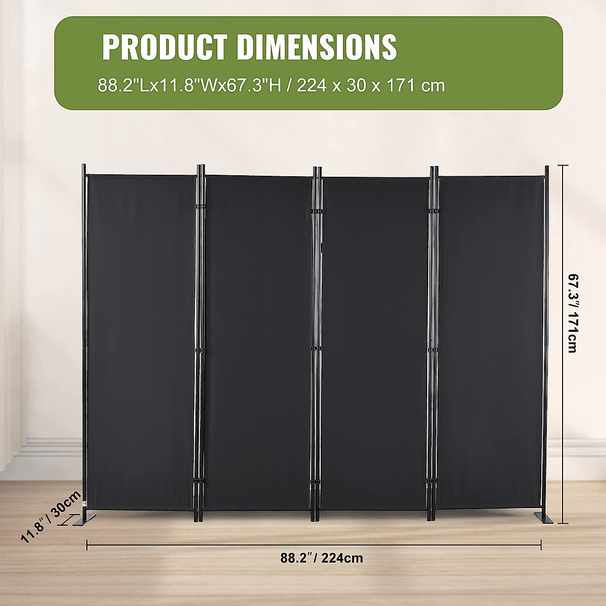 VEVOR Partition Screen, 5.6 ft Privacy Panels (4-Panel), Cloth Separator for Office, Bedroom, Dining, Study Areas, Standalone, Black