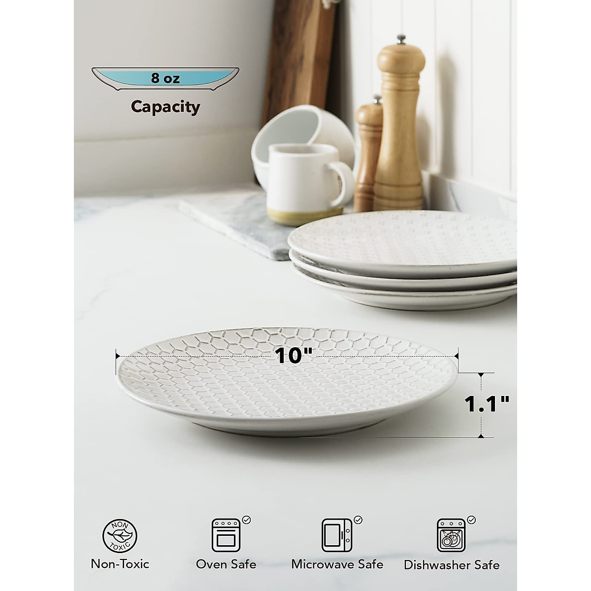 LE TAUCI Dinner Plates 10 Inch, Ceramic Dish Set for Kitchen, Embossed Serving Dish, Microwave Oven Dishwasher Safe, For Housewarming or Wedding - Set of 4, Arctic white