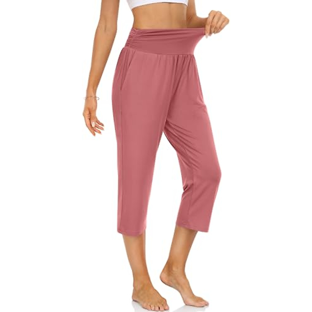 UEU Women's Elastic High Waist Capri Plus Casual Summer Loose Fit Wide Leg Yoga Pants Maternity Lounge Capris Sweatpants Pockets(DustyRose,2XL)