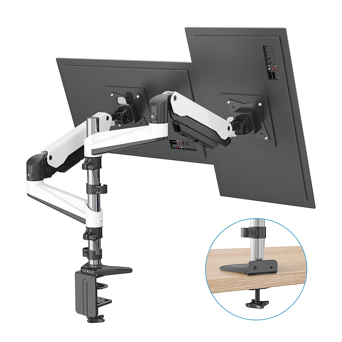 SHOPPINGALL Fully Adjustable Dual Gas Spring LCD Monitor Mount Stand with 2 Arm for 15”-32” Monitors, Clamp and Grommet Mounting Options in The Box, 6 ft HDMI Cable included - SA-GA24-White