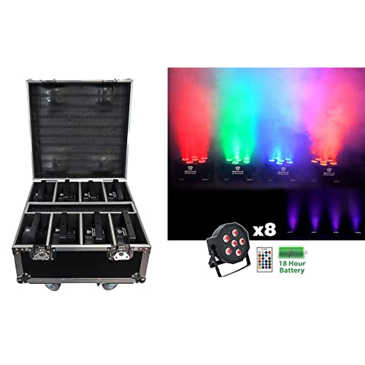 Rockville Battery PAR 61 Pack Black, 8 Pack Rechargeable RGBWA+UV Wash Lights with Charging Flight Case, Includes Remote, 15 Hours Battery Life, Perfect for Events, Parties & DJ Gigs