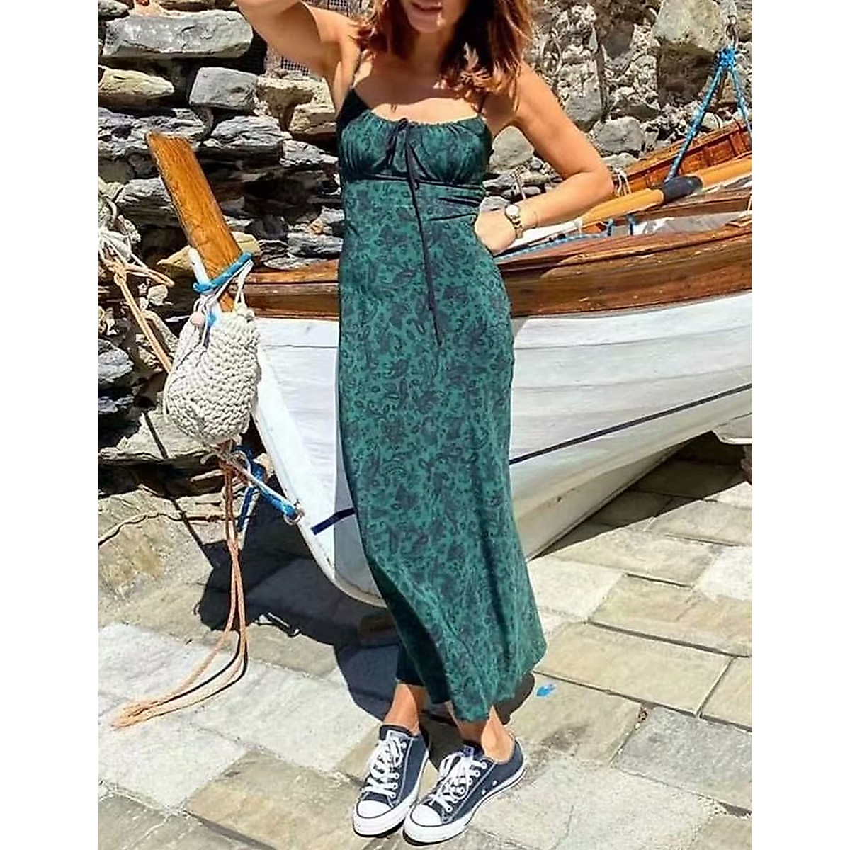 Omoone Womens Floral Dress Low-Cut Square Neck Spaghetti Strap Tie Bodycorn 90s Y2k Sun Dresses (01Green, Medium)