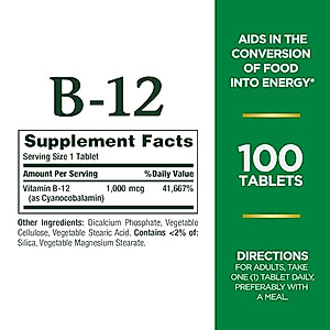 Nature's Bounty Vitamin B12 1000mcg, Supports Energy Metabolism and Nervous System Health, Vitamin Supplement, 100 Tablets